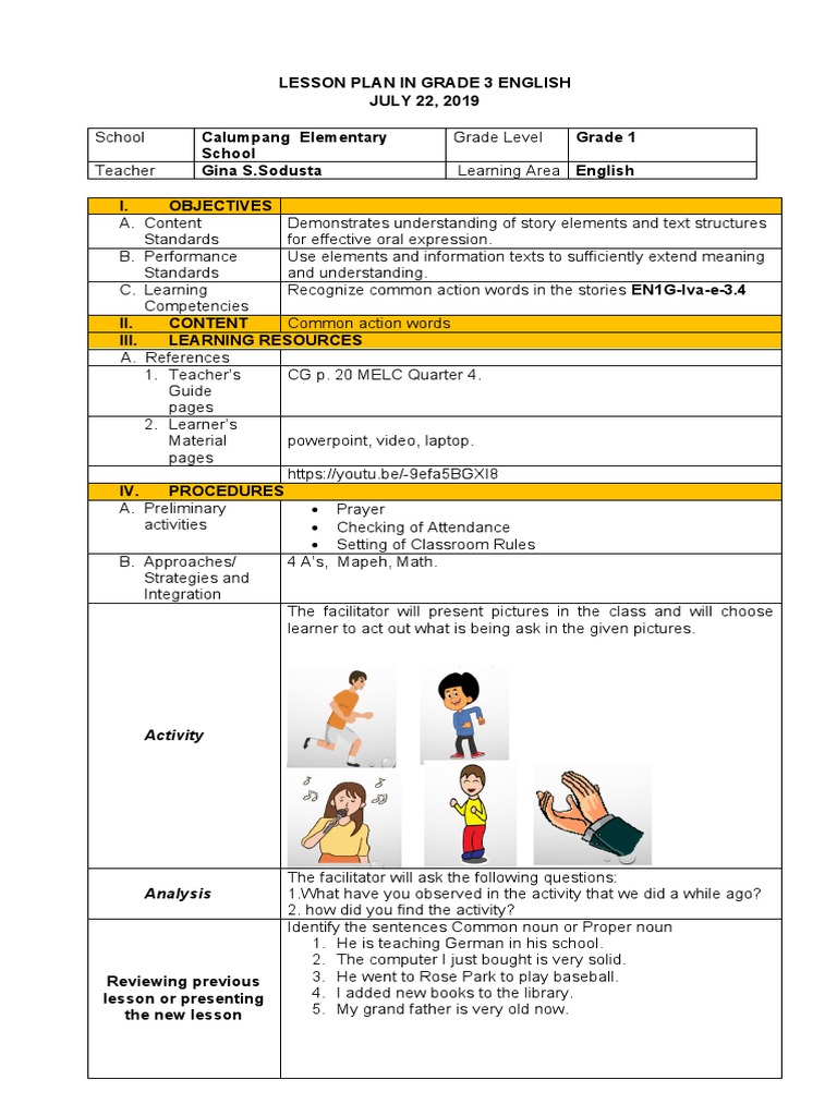 Lesson Plan in Grade 3 English JULY 22, 2019 Calumpang Elementary ...