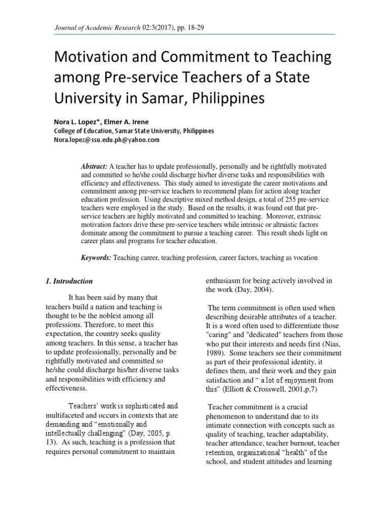 Motivation and Commitment To Teaching Among Pre-Service Teachers of A ...