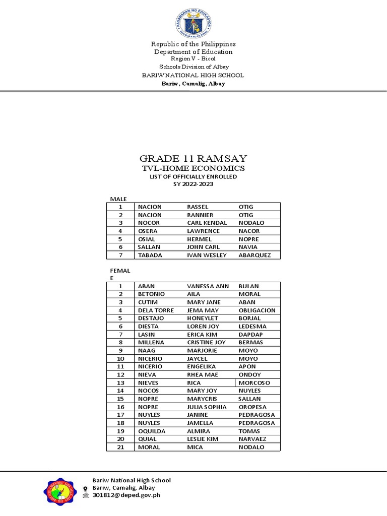 Grade 11 List of Students | PDF