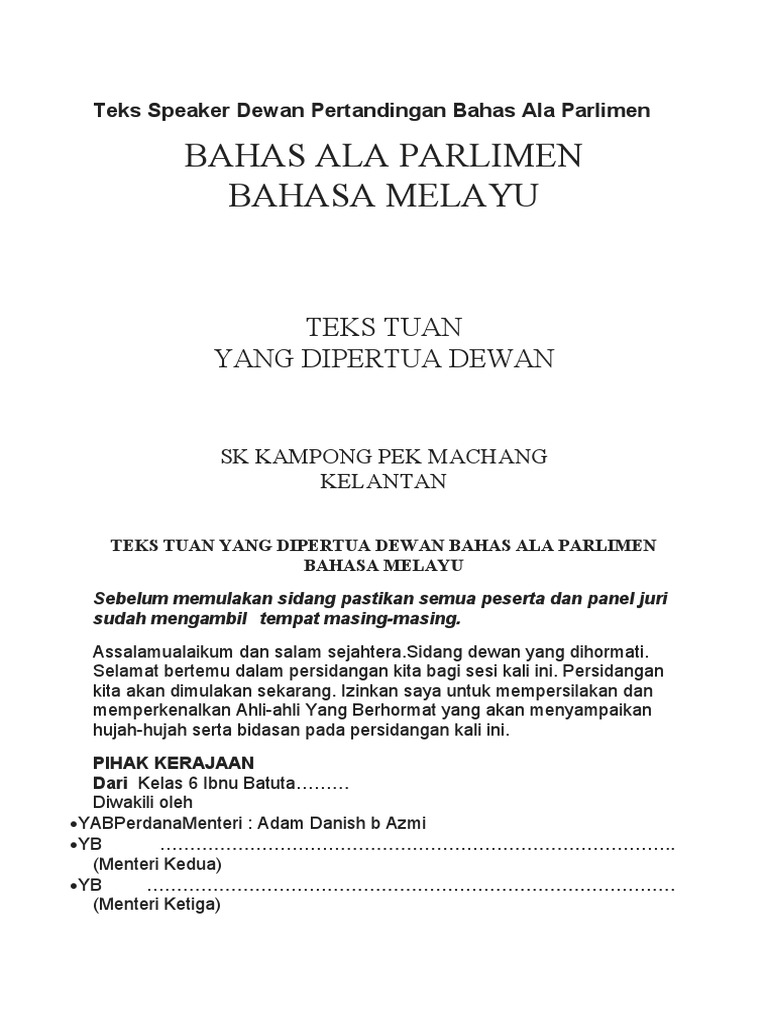 Teks Bahas Ala Parlimen Pelajar | PDF | Kajian Bahasa Asing | Hukum