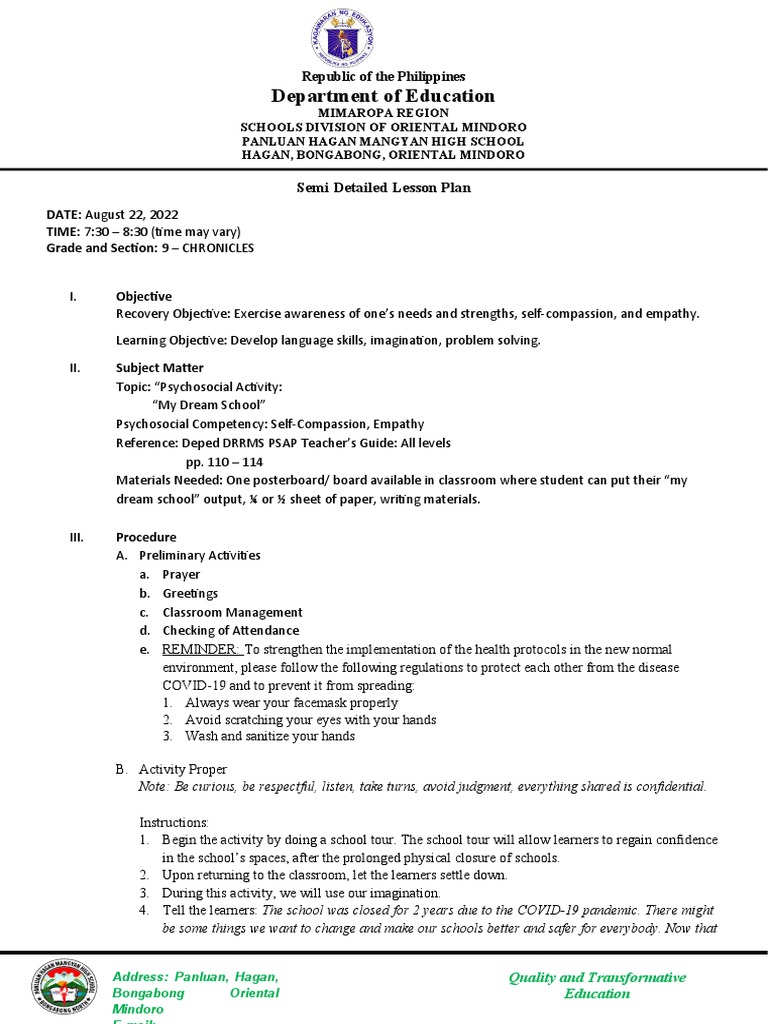 Semi Detailed Lesson Plan | PDF | Lesson Plan | Learning
