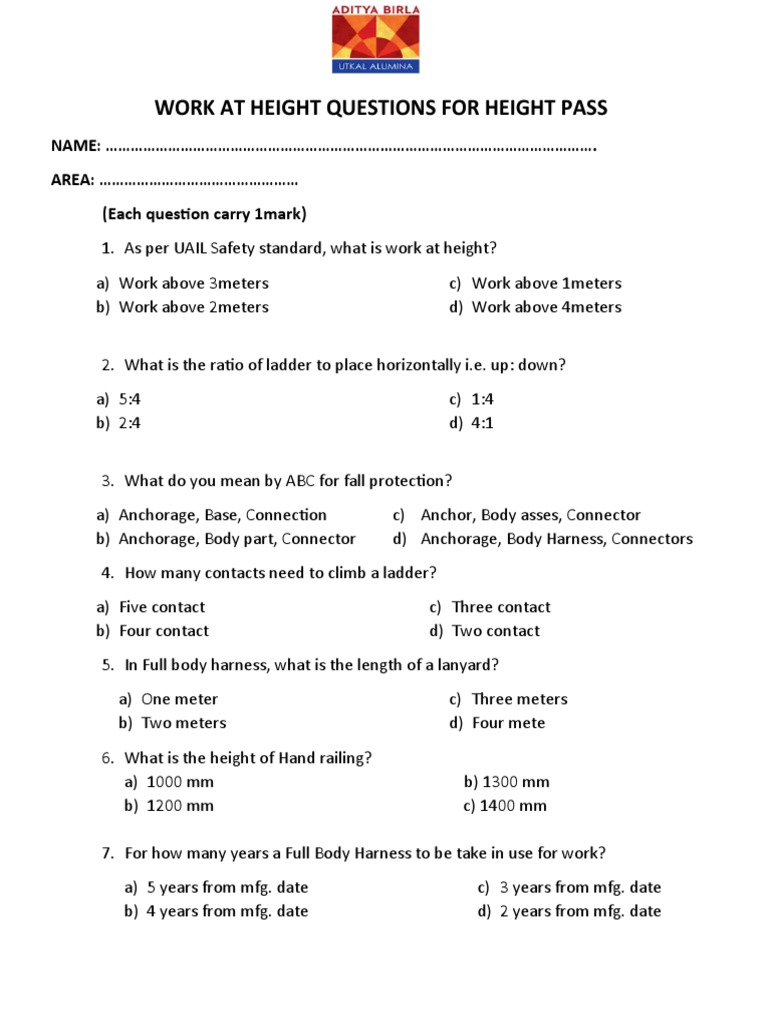 Work at Height Questions For Height Pass | PDF | Scaffolding ...