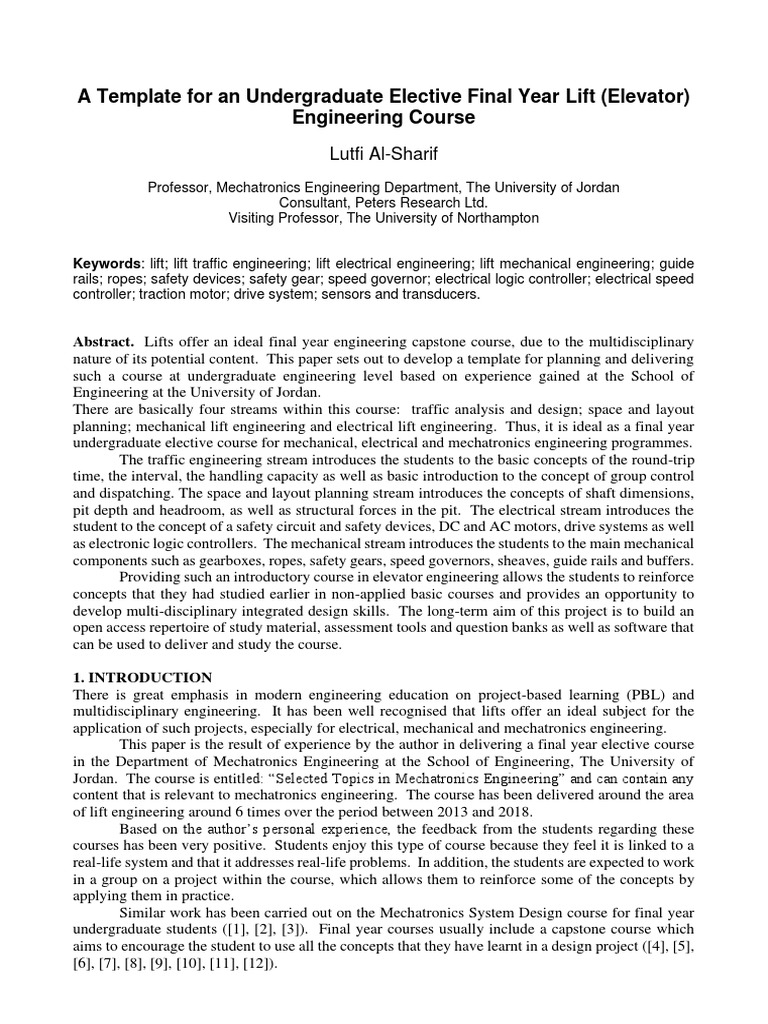 A Template For An Undergraduate Elective Final Year Lift (Elevator ...