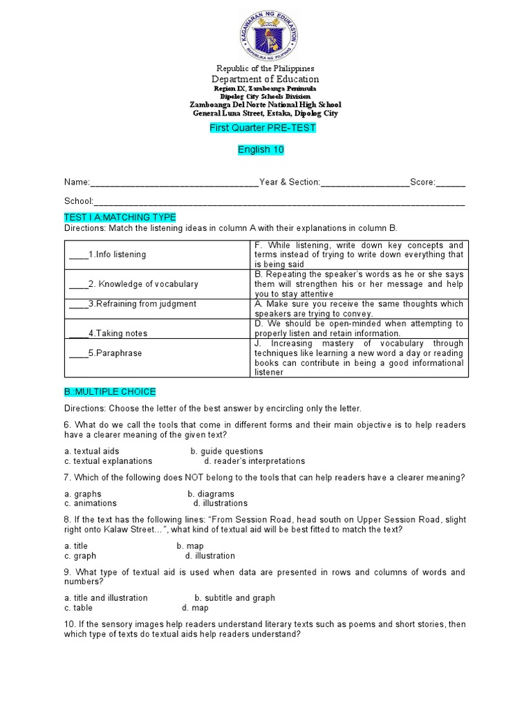 First Quarter PRE-TEST English 10 | PDF | Forgiveness | Writers