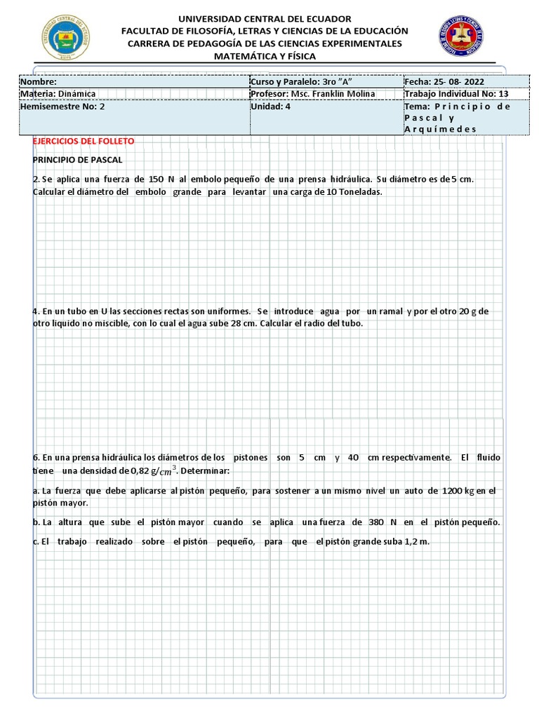 Deber 13 Principio de Pascal y Arquimedes | PDF | Hidráulica | Física