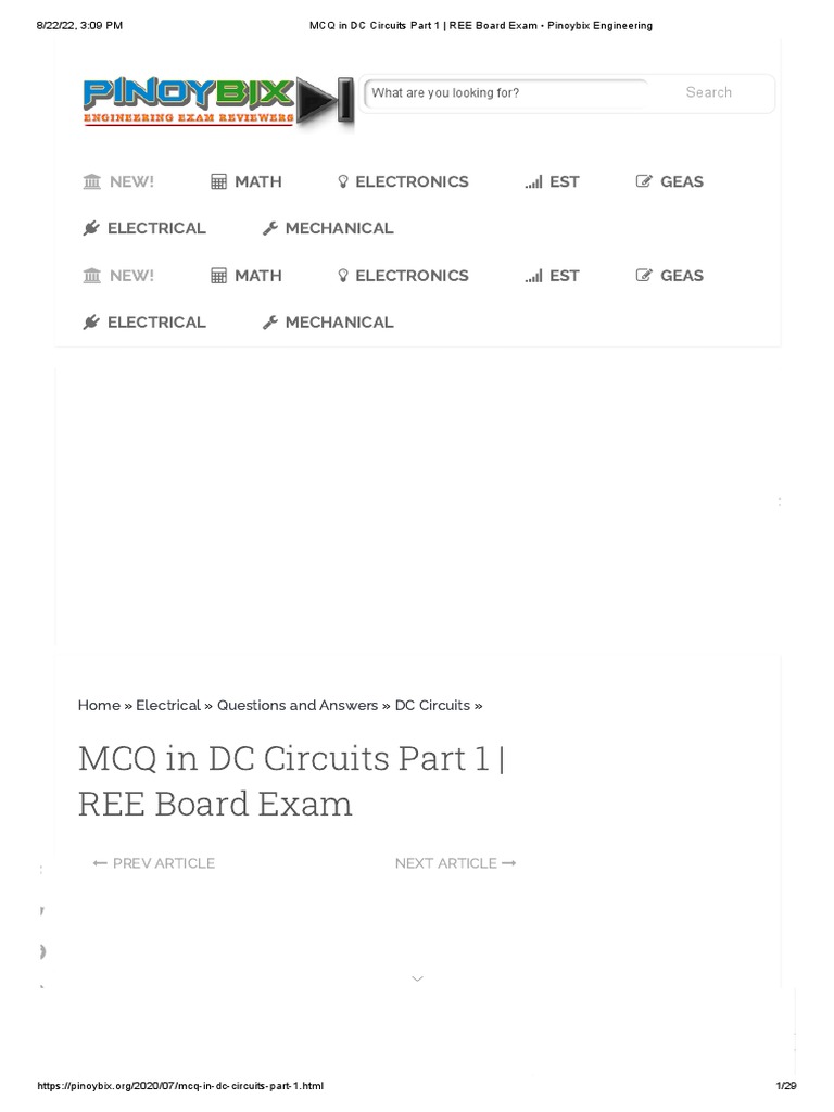 MCQ in DC Circuits Part 1 - REE Board Exam - Pinoybix Engineering | PDF ...