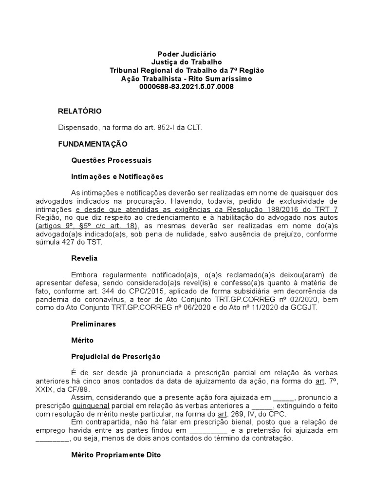 Modelo de Sentença | PDF | Indenização | Férias trabalhistas