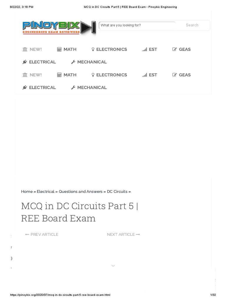 MCQ in DC Circuits Part 5 - REE Board Exam - Pinoybix Engineering | PDF ...