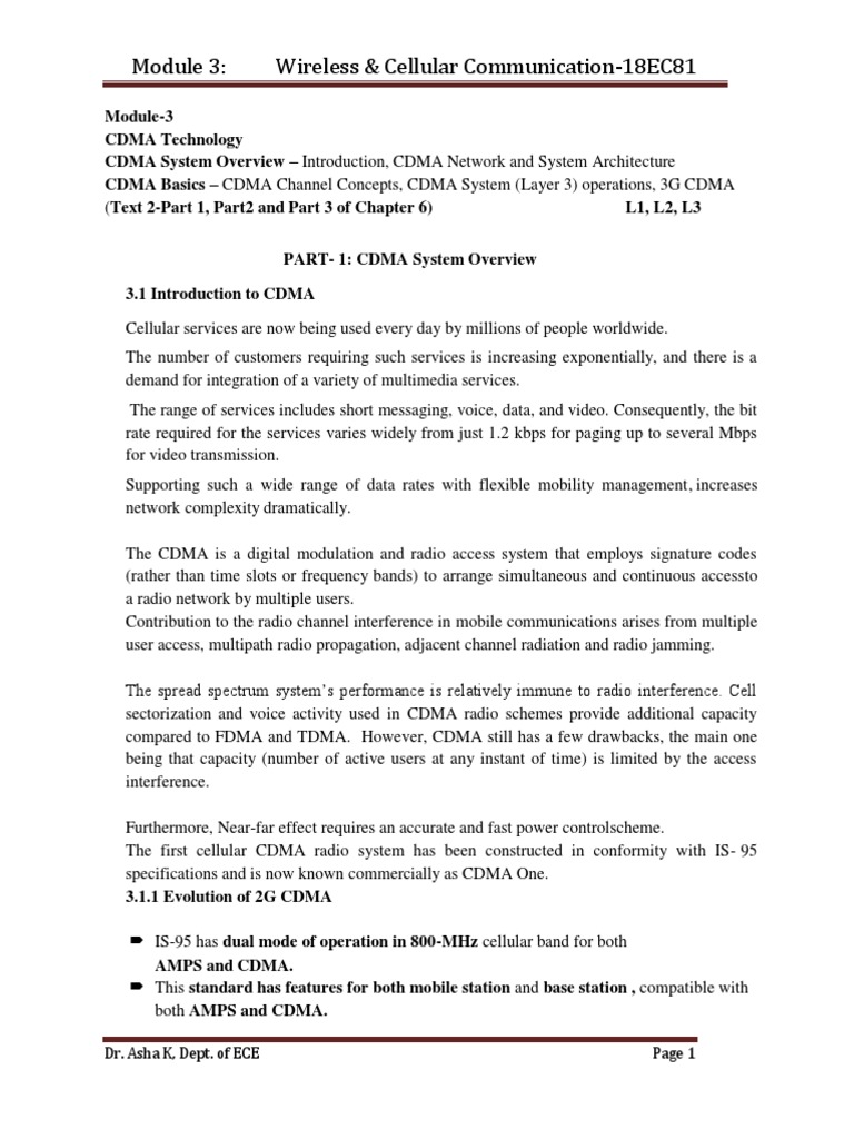 Module 3: Wireless & Cellular Communication-18EC81: Dr. Asha K, Dept. of ECE | PDF | Cellular ...