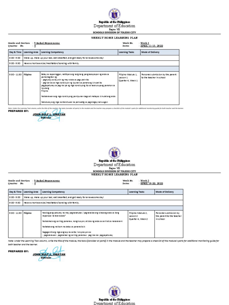 WHLP - 4TH Quarter - Filipino 9-Omayan | PDF | Learning | Behavior Modification