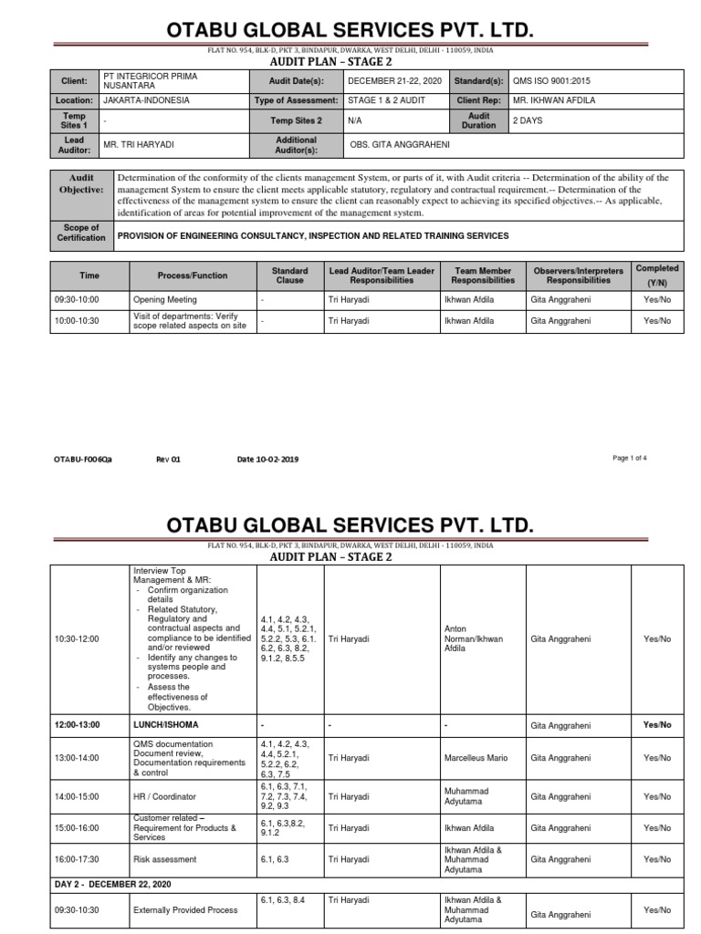 Otabu Global Services Pvt. LTD.: Audit Plan - Stage 2 | PDF | Audit | Iso 9000