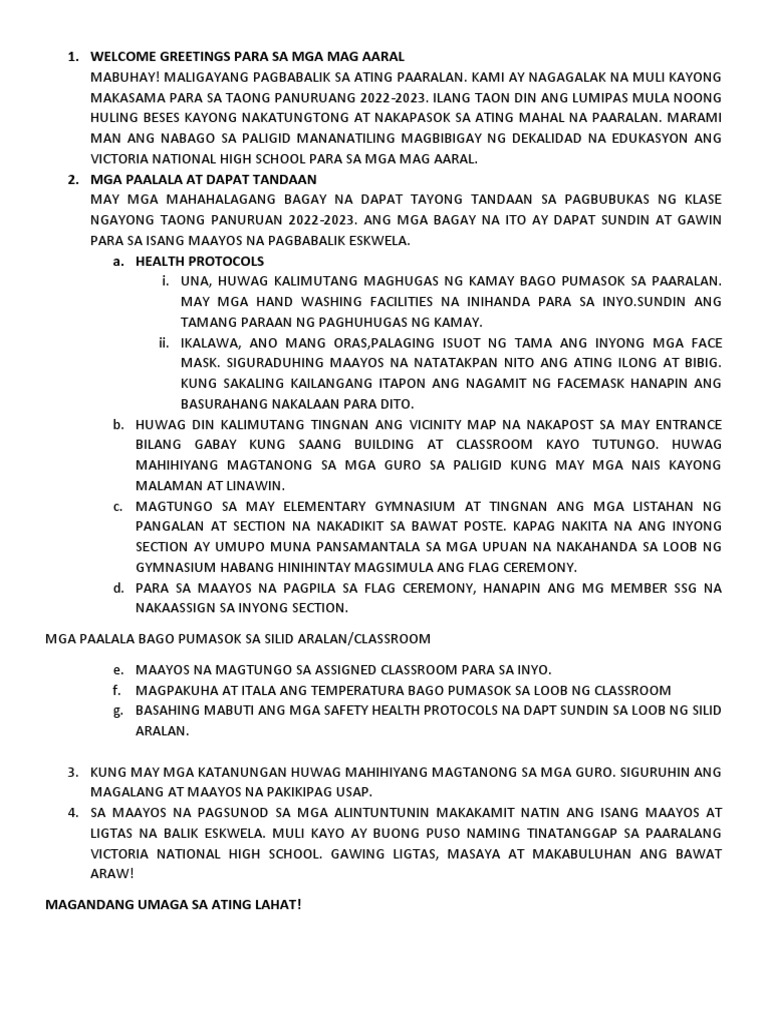 Welcome Greetings para Sa Mga Mag Aaral | PDF