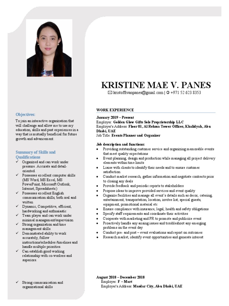 Kristine Mae v. Panes CV | PDF | Point Of Sale | Business