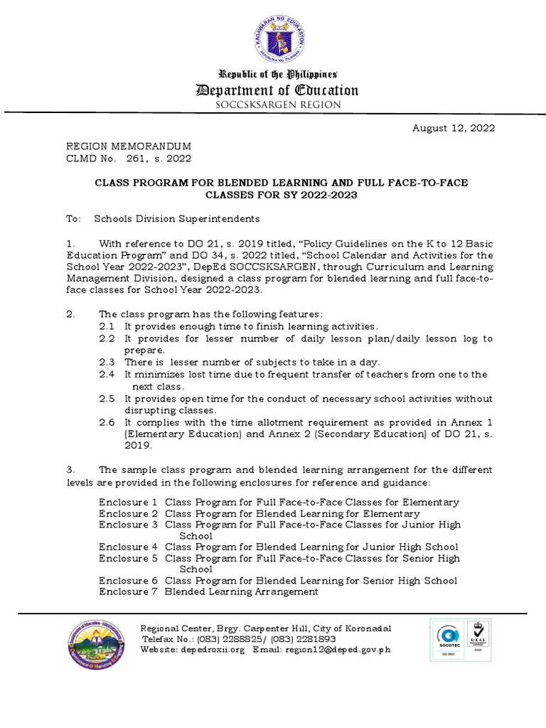 Region Memorandum CLMD 261 CLASS PROGRAM FOR BLENDED LEARNING AND FULL FACE-TO-FACE CLASSES FOR ...