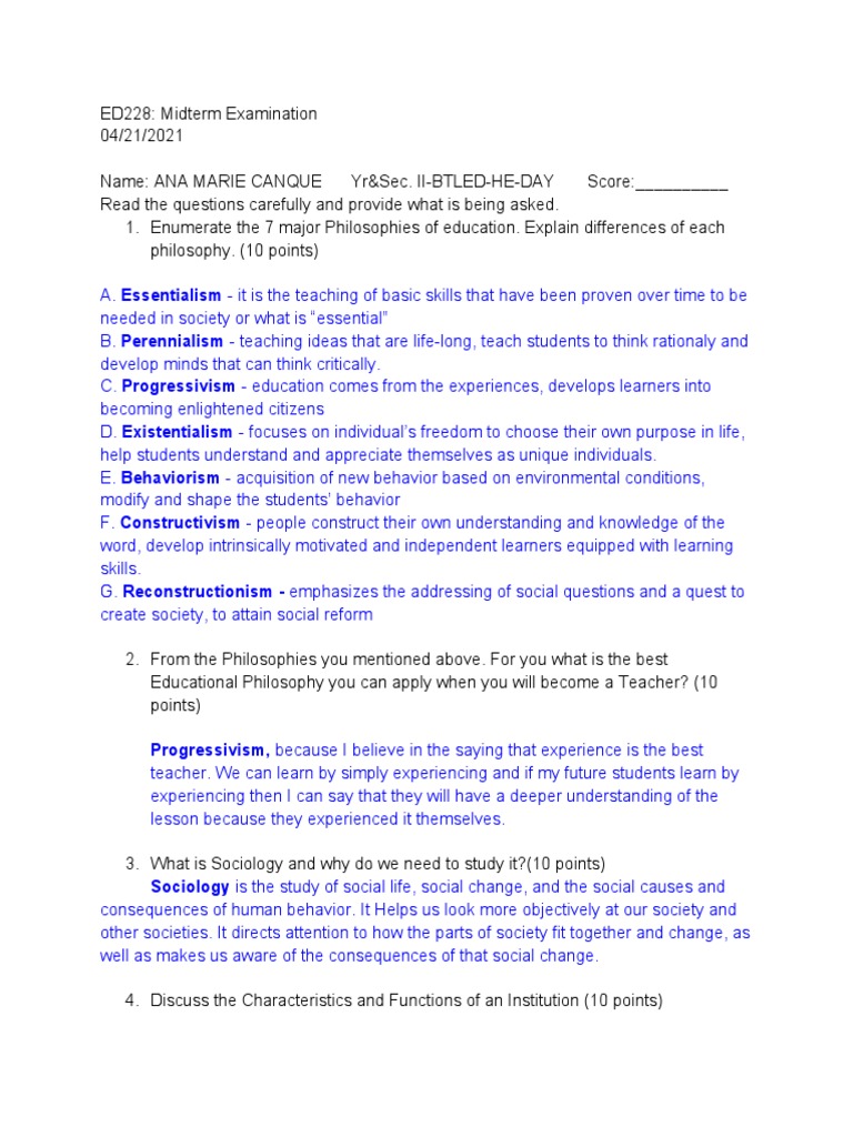 Ana Marie Canque - ED228 - Midterm Examination | PDF | Institution ...