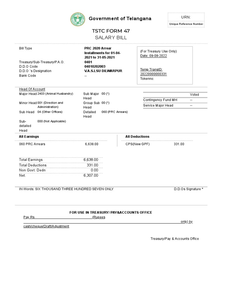 TSTC Form 47 Salary Bill: Government of Telangana | PDF | Banks | Economies