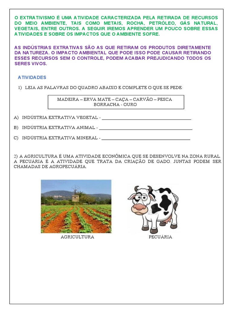 Atividades sobre Extrativismo para 2º Ano | PDF | Ambiente natural ...