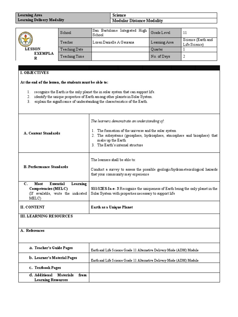 Week 1 Le1 Earth As A Unique Planet Pdf Learning Earth