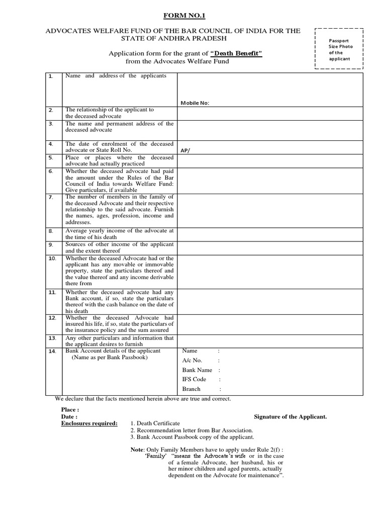 Form No.1 For Death Benefit Under The Bci Welfare Fund | PDF | Advocate ...