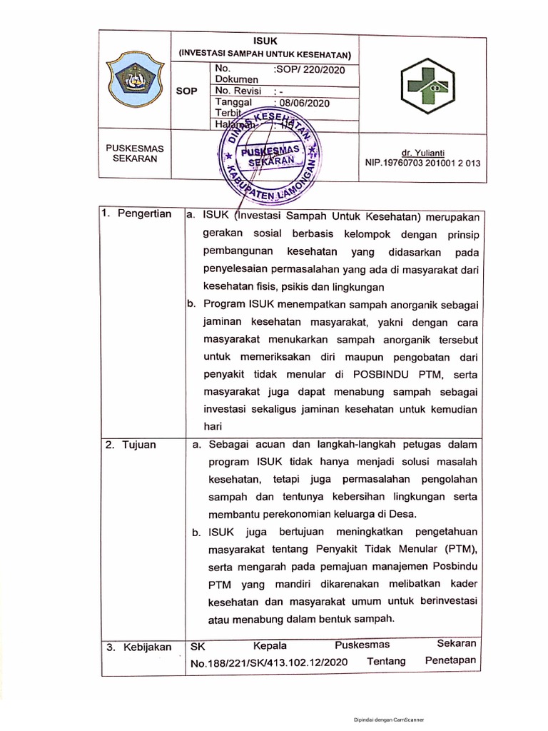Sop Isuk Puskesmas Sekaran | PDF