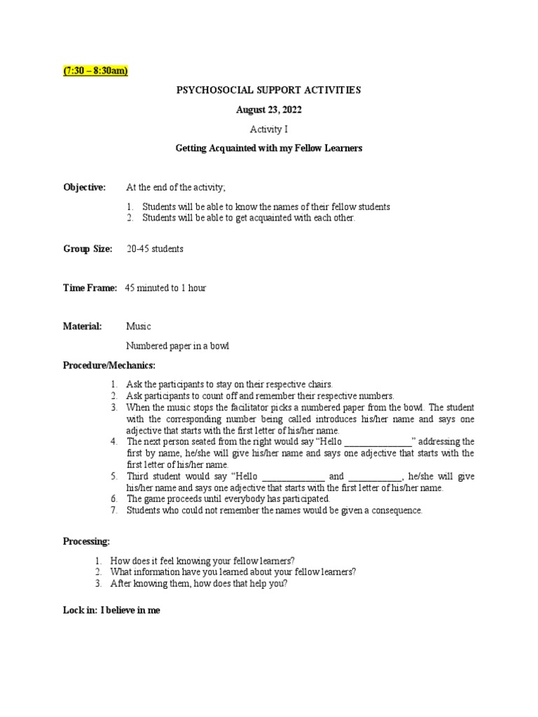 (7:30 - 8:30am) Psychosocial Support Activities August 23, 2022 | PDF ...