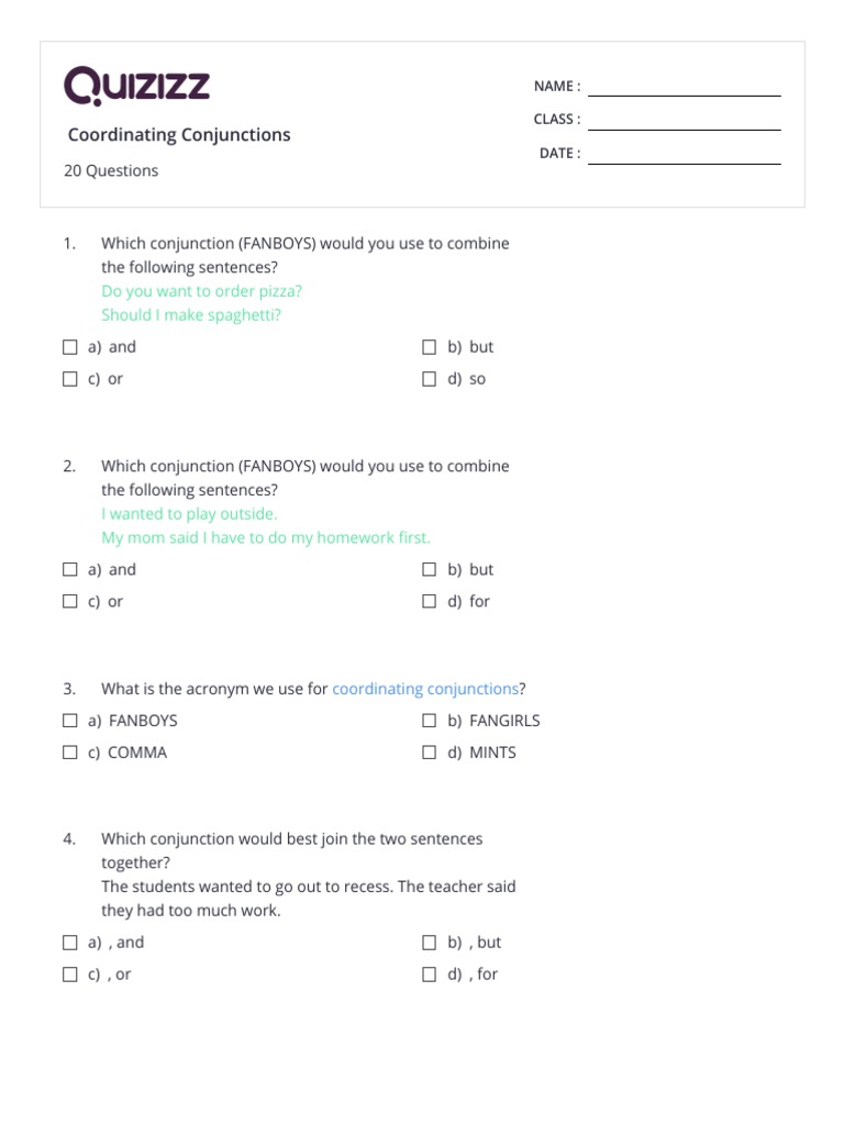 Coordinating Conjunctions - Print - Quizizz | PDF | Semiotics | Linguistics