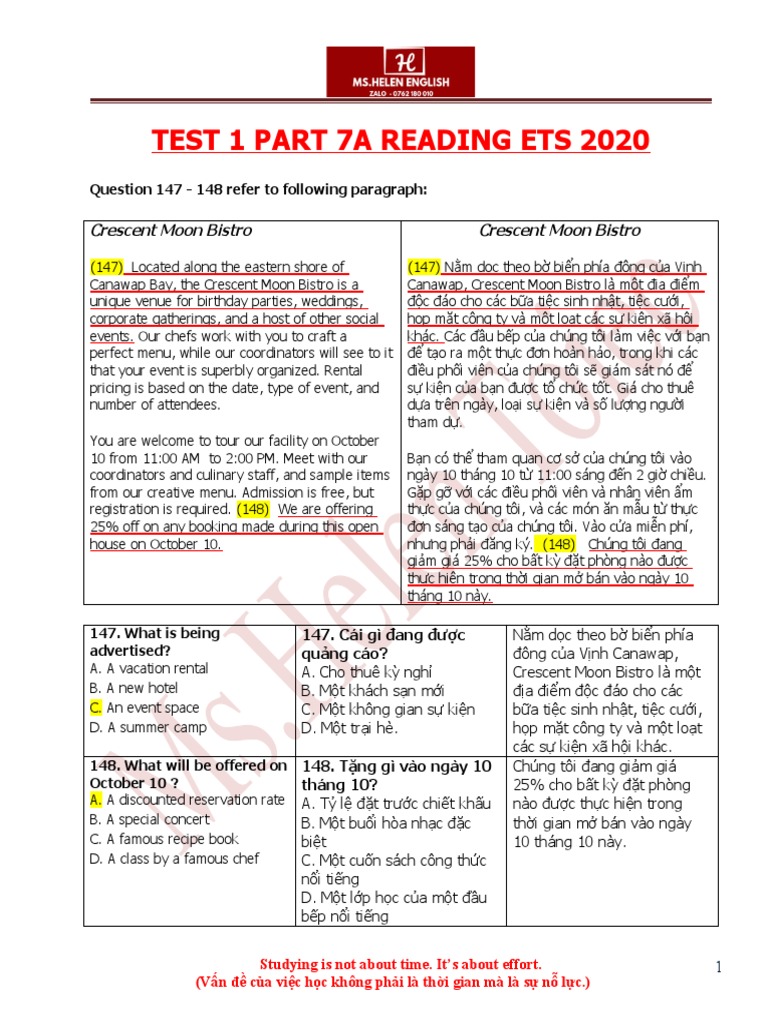 Test 1 Part 7a Reading MS - Helen Toiec | PDF