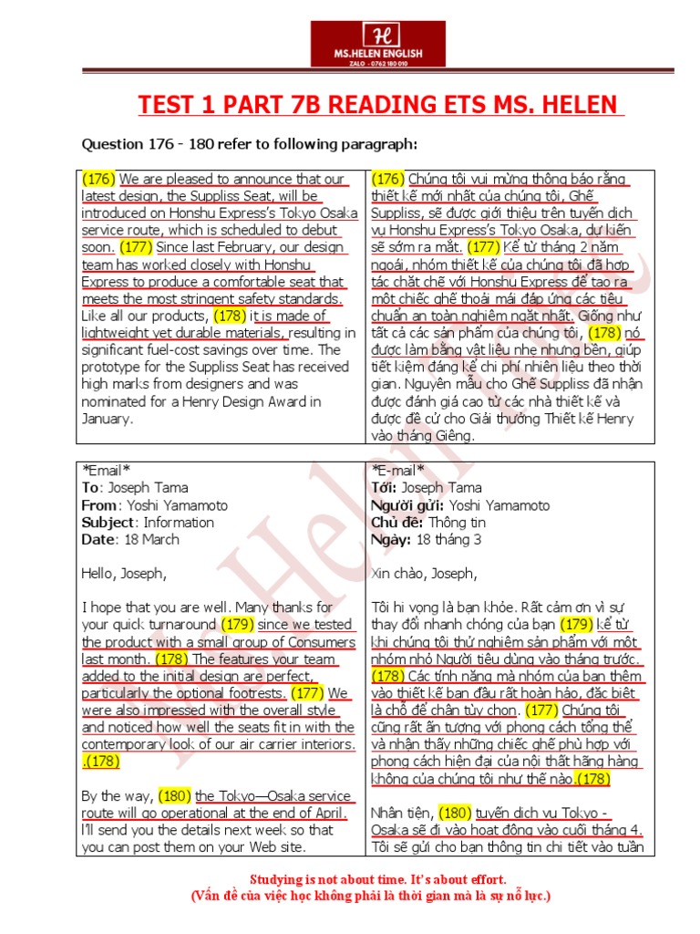 Test 1 Part 7B Reading MS - Helen Toiec. | PDF