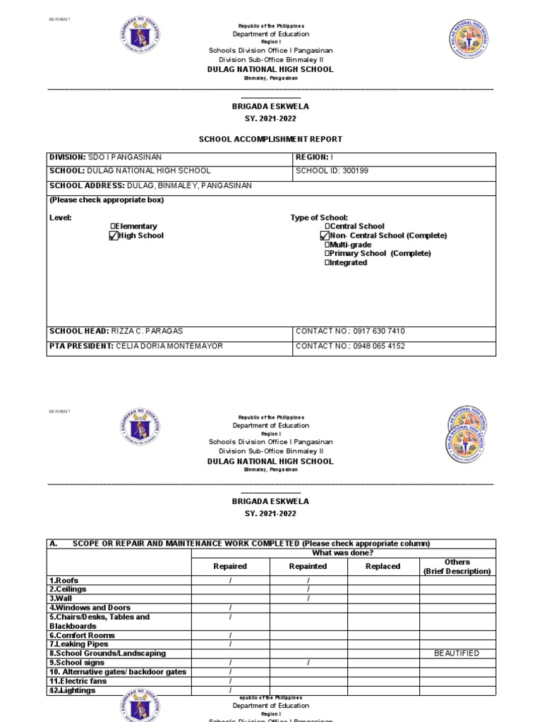 Brigada Eskwela Form 7 School Accomplishment Report | PDF