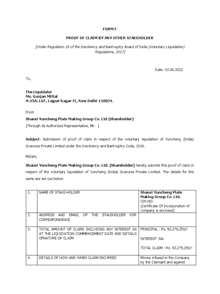 Claim Form - Shanxi Yuncheng Plate Making Group - Form F | PDF ...