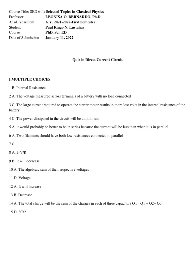 Quiz in Direct Current Circuit | PDF