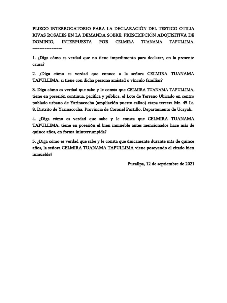 Pliego Interrogatorio | PDF | Propiedad