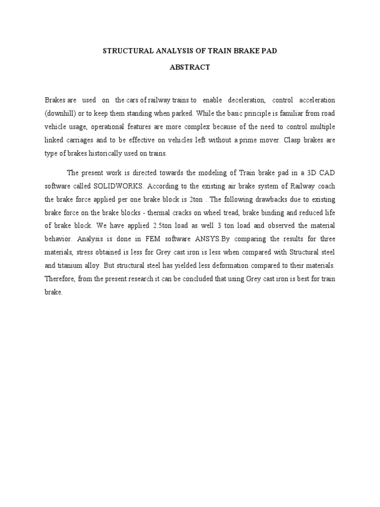 STRUCTURAL ANALYSIS OF TRAIN BRAKE PAD ( | PDF | Brake | Finite Element ...