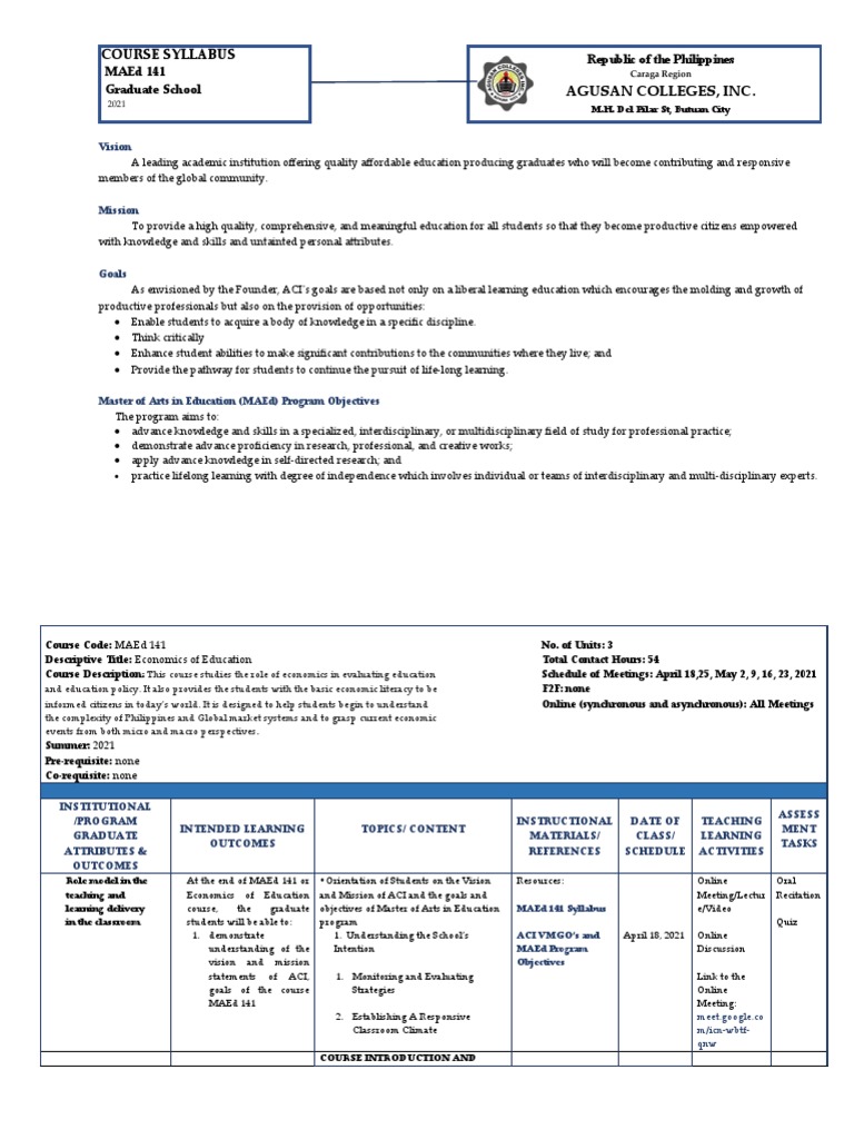 Course Syllabus: Maed 141 Graduate School Republic of The Philippines ...