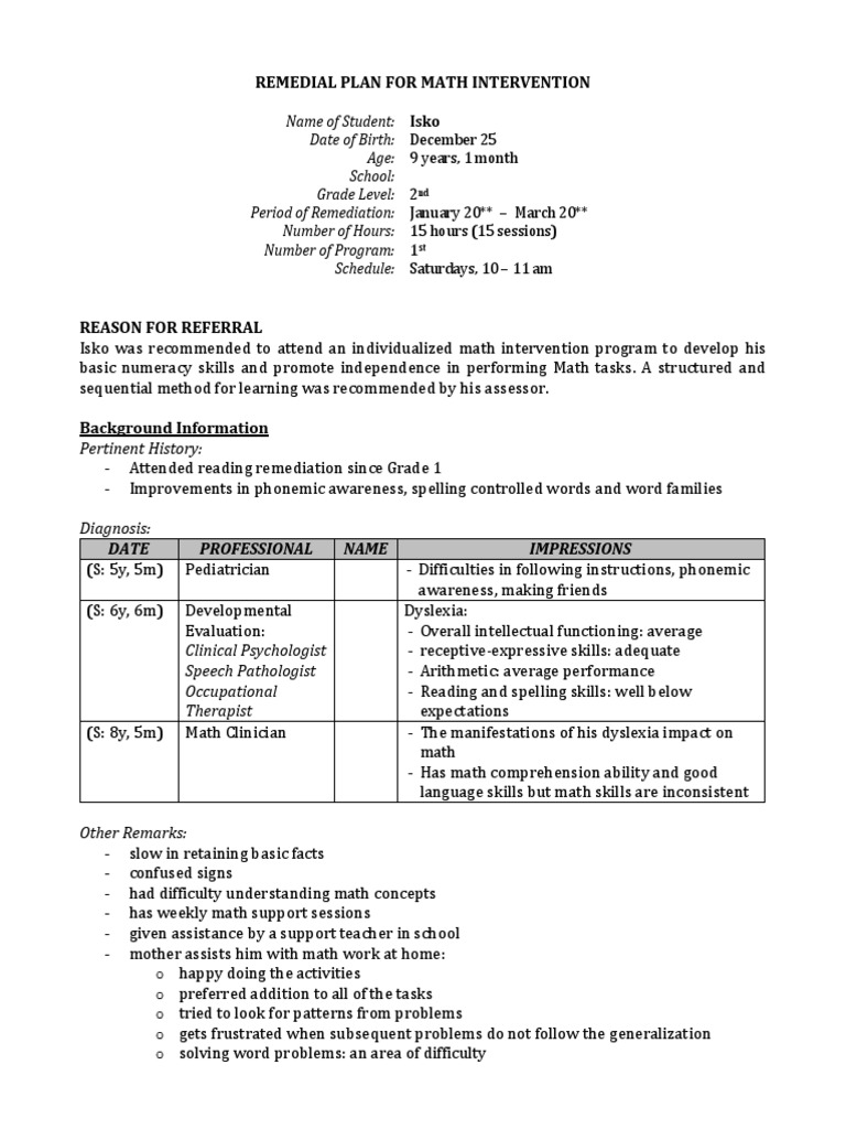 Sample Remedial Plan Case Profile | PDF | Dyslexia | Learning