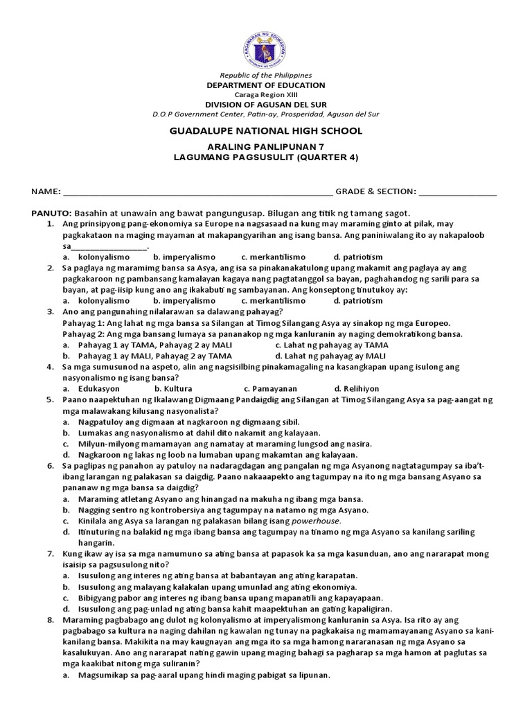 Ap7 Exam 4th QTR With Answer Key | PDF