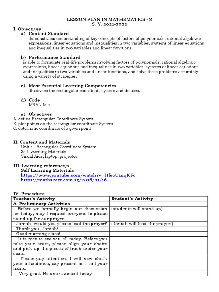 Mathematics 8 Lesson Plan Pdf Cartesian Coordinate System Equations
