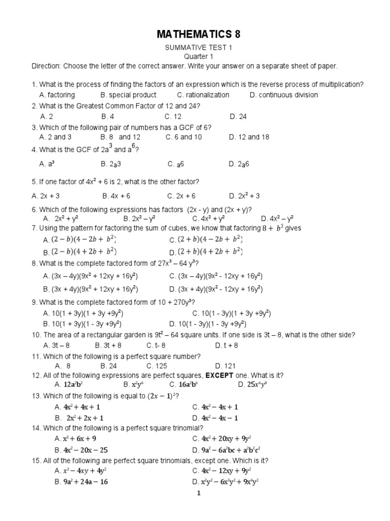 Summative Test 1 Q1 | PDF | Polynomial | Rational Number