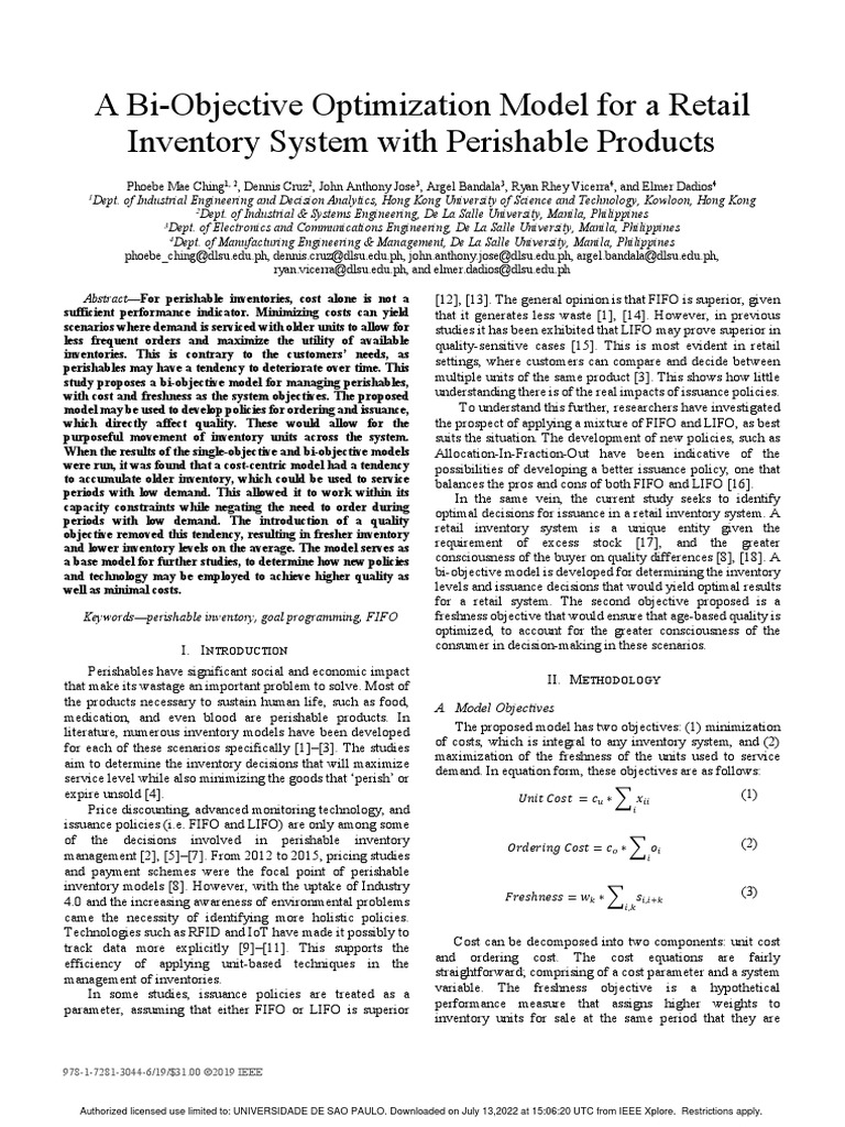 A Bi-Objective Optimization Model For A Retail Inventory System With ...