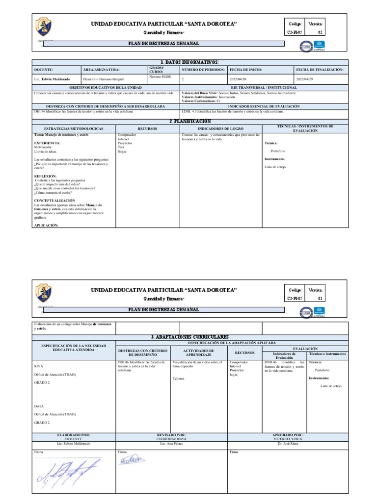 C2-Pl-05 Plan de Destrezas Semanal DHI | PDF | Evaluación | Ciencia cognitiva
