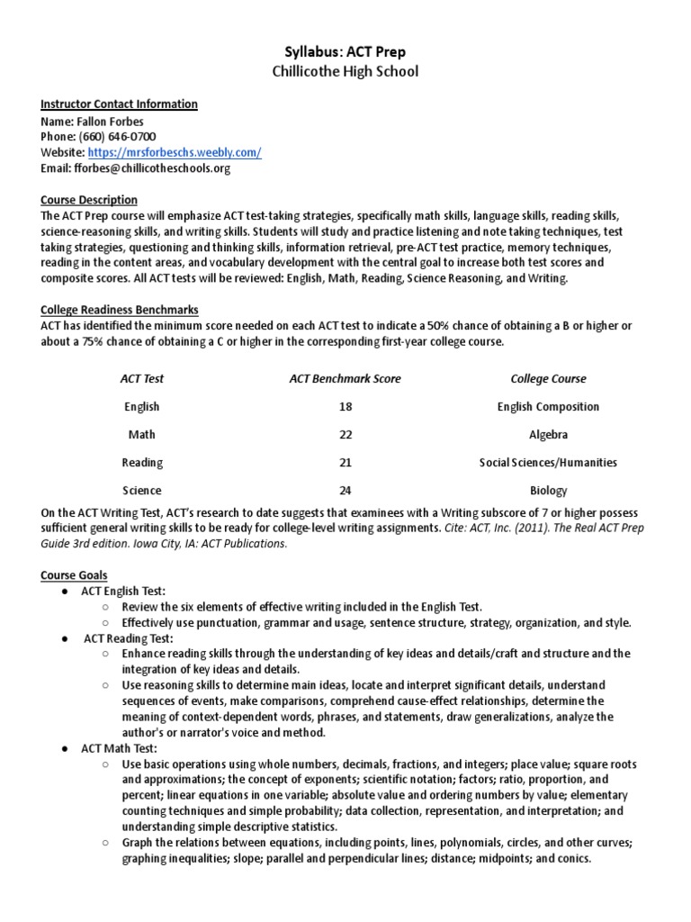 ACT Prep Course Syllabus | PDF | Equations | Act (Test)