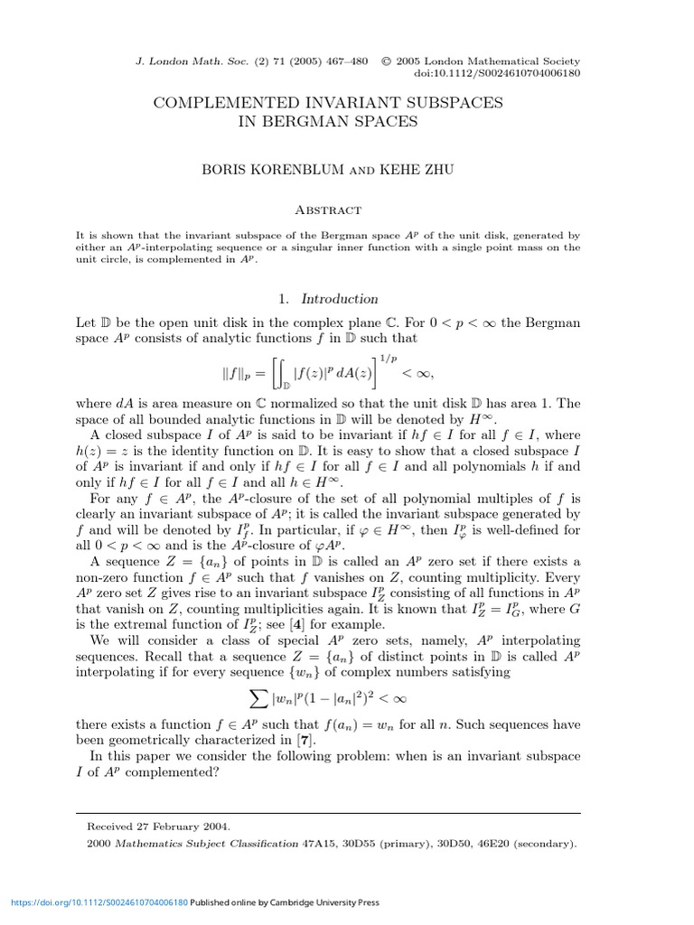 Complemented Invariant Subspaces In Bergman Spaces Pdf Functional Analysis Geometry