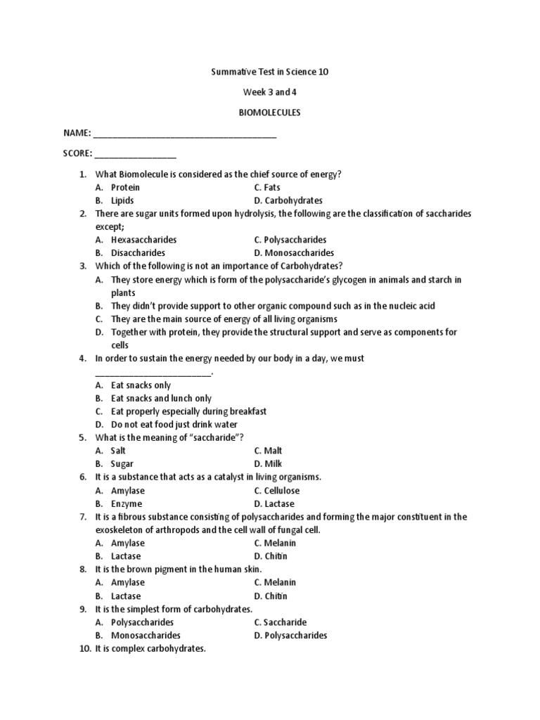 Summative Test in Science 10 - Biomolecules | PDF | Carbohydrates ...
