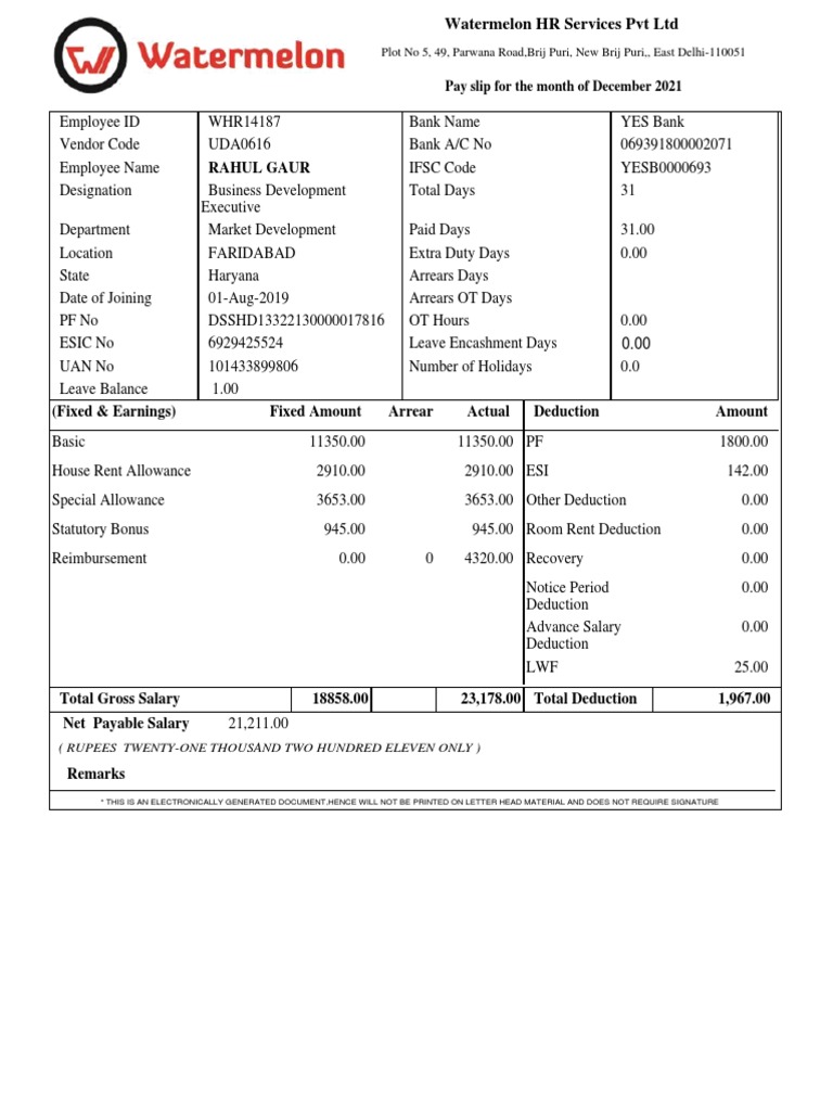 Pay Slip For The Month Of December 2021 Plot No 5 49 Parwana Road