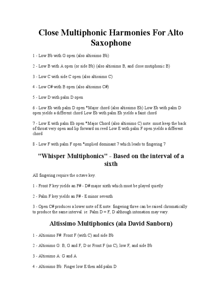 Close Multiphonic Harmonies For Alto Saxophone | PDF | Art