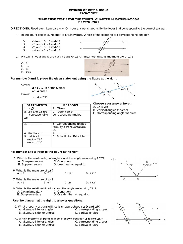 Grade 8 Math Summative Test Q4 | PDF | Perpendicular | Angle
