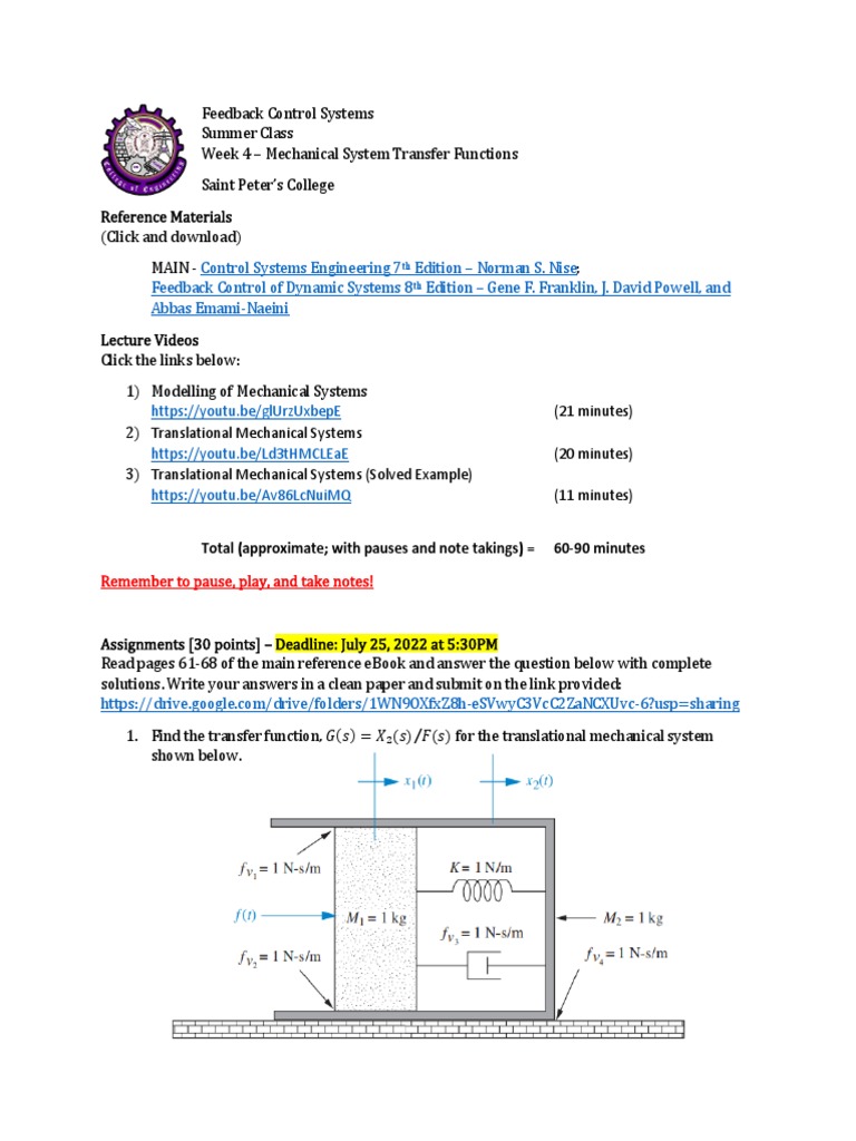 Week 4 Translational Mechanical System Transfer Functions | PDF