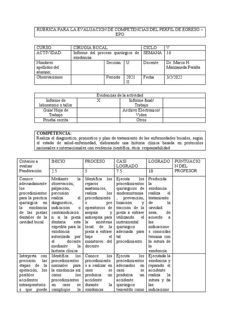 RUBRICA PARA LA EVALUACION DE COMPETENCIAS DEL PERFIL DE EGRESO CIRUGIA ...