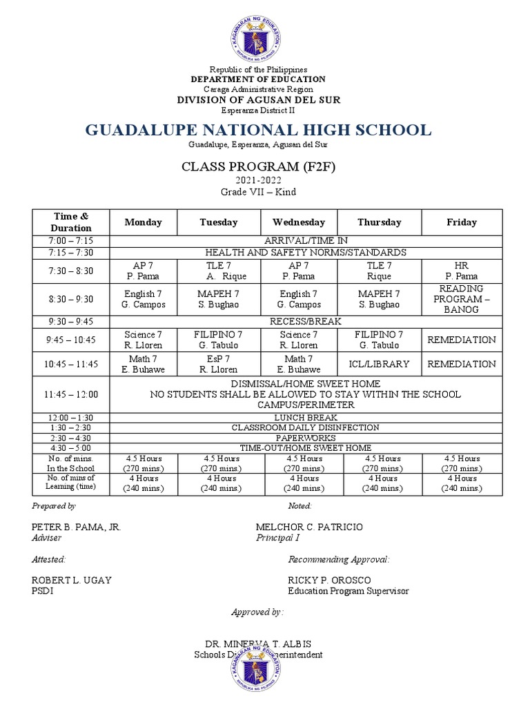 Guadalupe National High School: Class Program (F2F) | PDF
