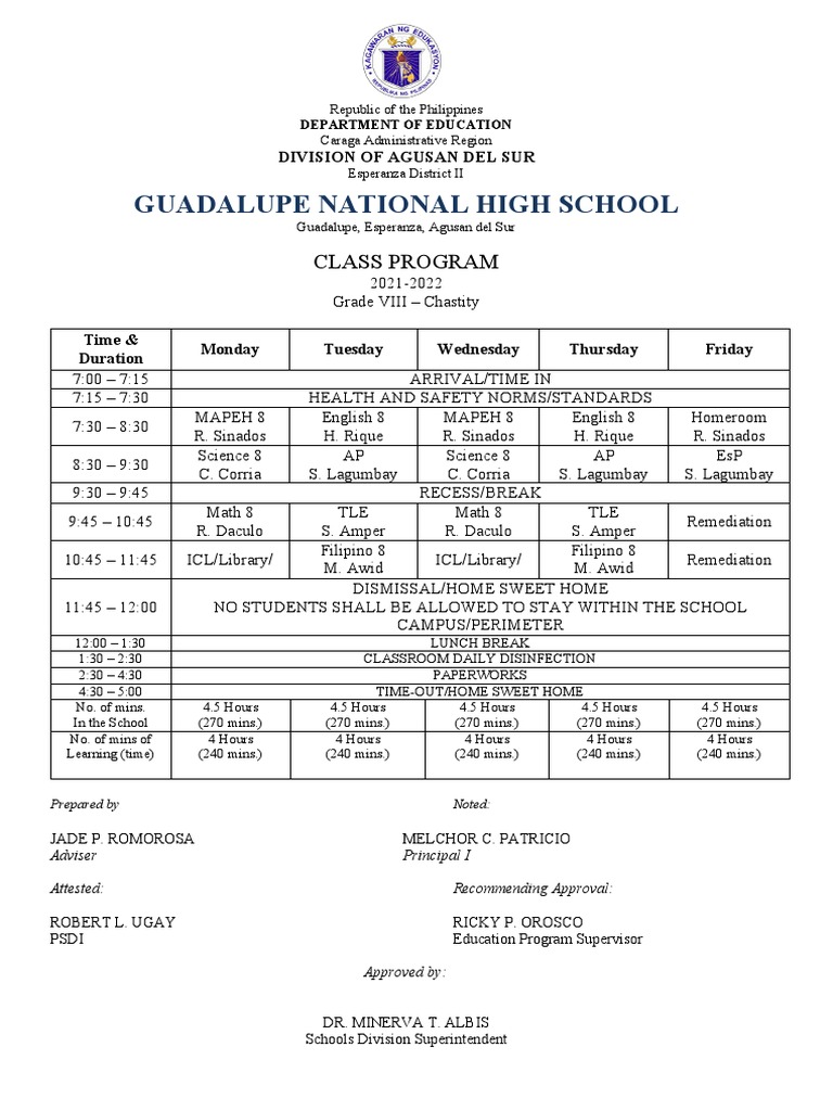 Guadalupe National High School: Class Program | PDF | Educational ...